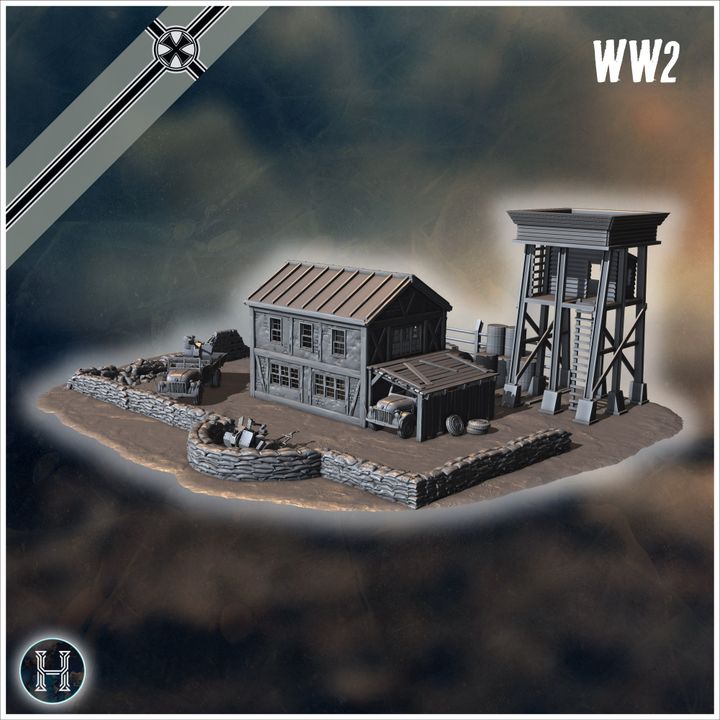 3D Printable German WW2 outpost with guard tower, house, sandbag, Flak 38, Opel Blitz, and ...